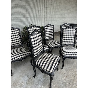 Set 6 French Country Upholstered Dining Chairs Black White Checkered ...