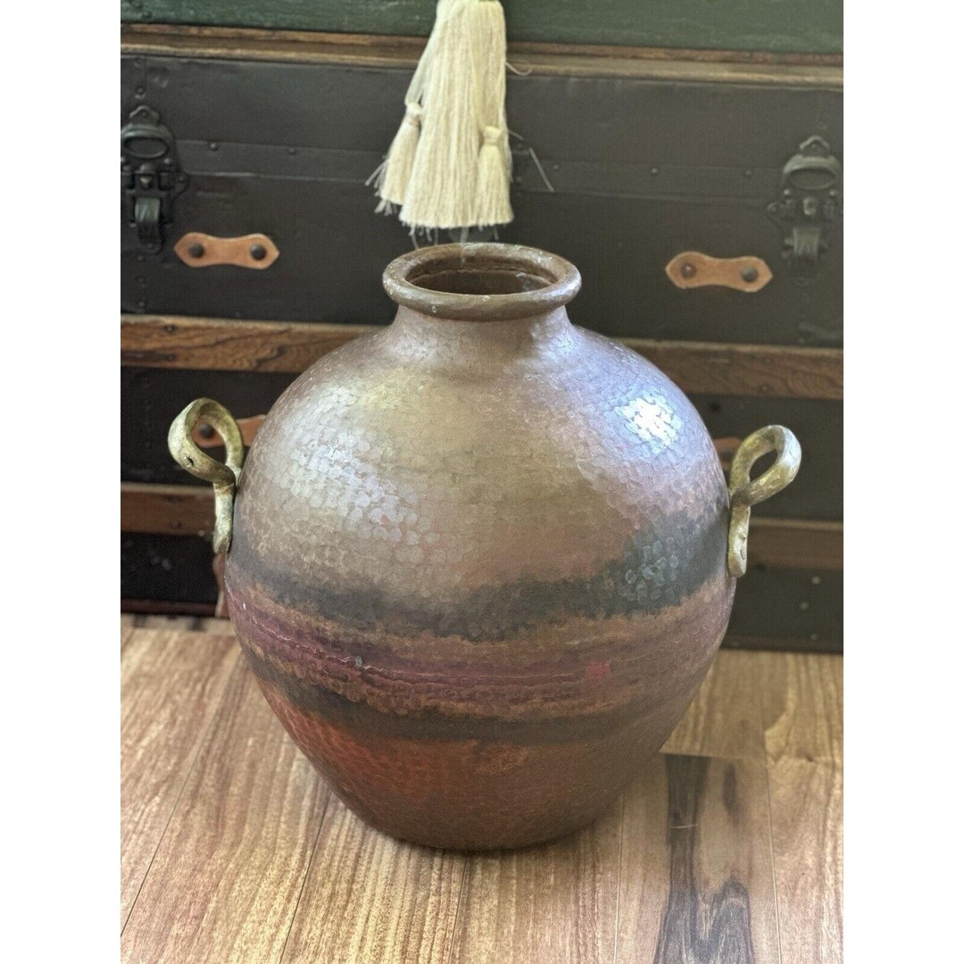 Vintage Large Solid Copper & Brass Primitive Hammered Handled Jug Pot ...