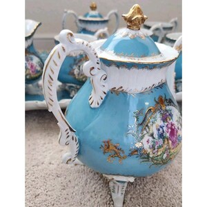 Vintage Meissen Style Teal Blue Tea Set Cups Teapot Creamer Sugar Tray ...