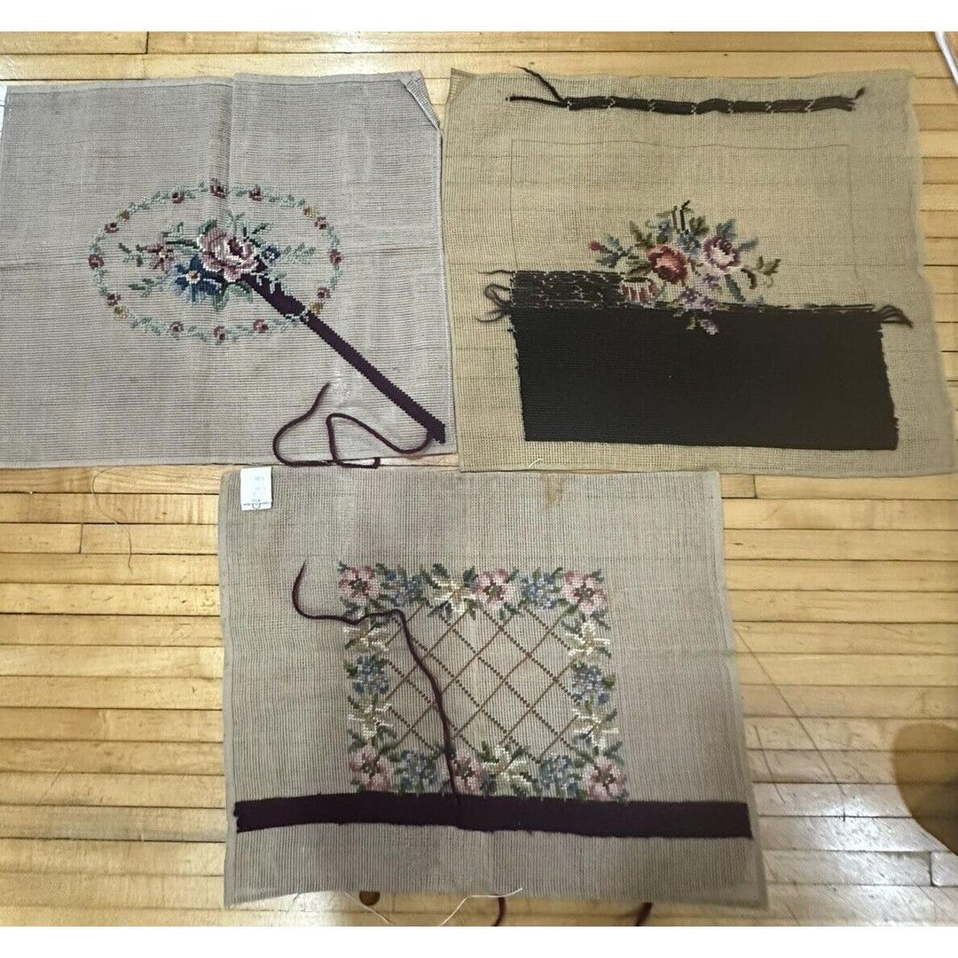 Vintage Lot 3 Unfinished Floral Needlepoint Tapestries Complimenting ...