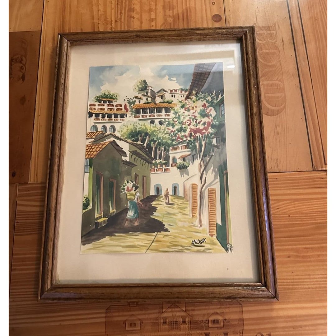 Max Vidal Mexican Street Art Watercolor Framed Adobe Village Scene ...