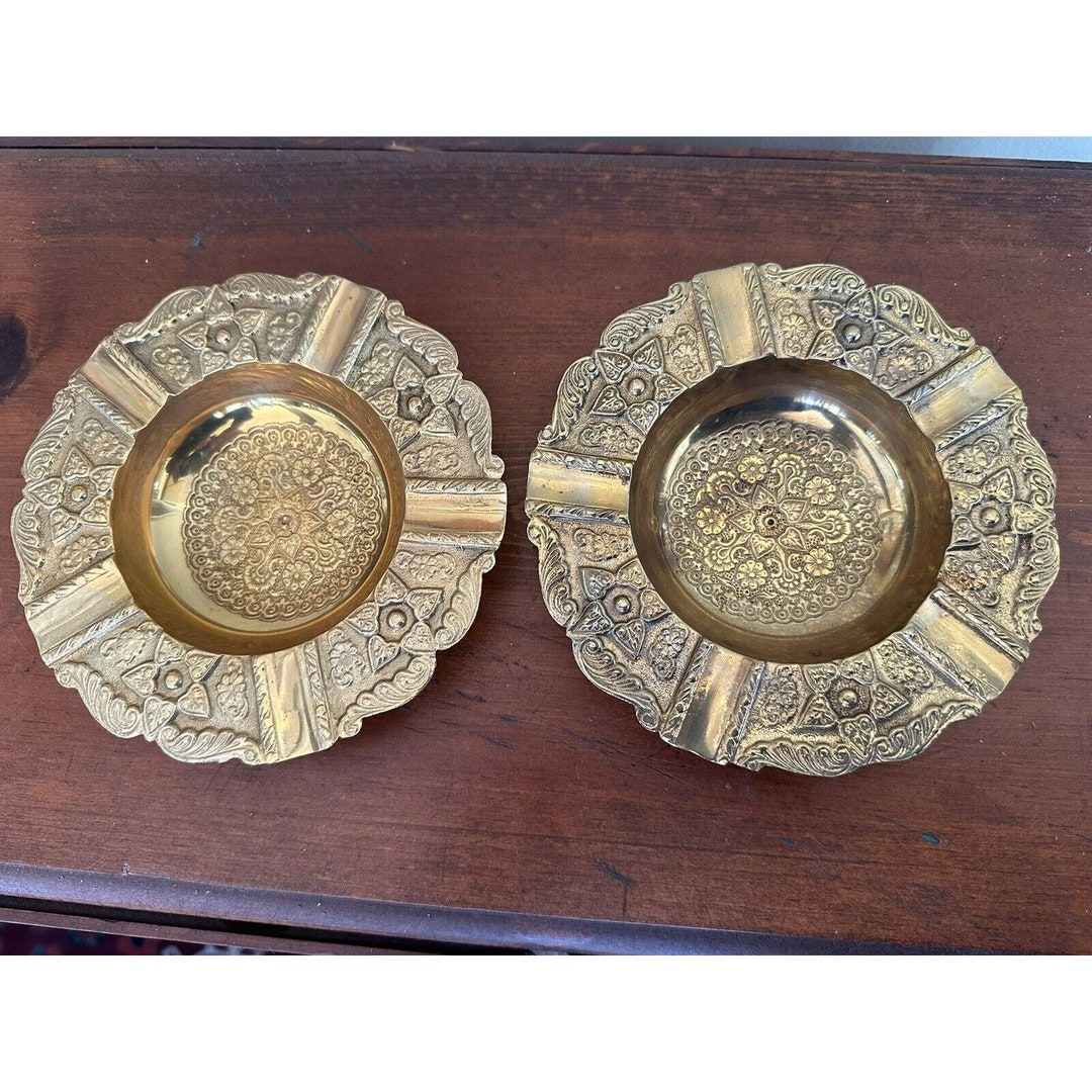 Antique/vintage Pair Brass Copper Ashtray Incense Burners Embossed ...