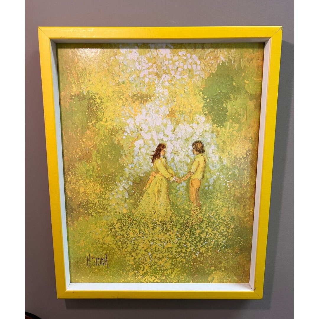 Vintage Mod 70's Art Print Yellow Frame Signed M Storm Young Love ...