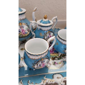 Vintage Meissen Style Teal Blue Tea Set Cups Teapot Creamer Sugar Tray ...