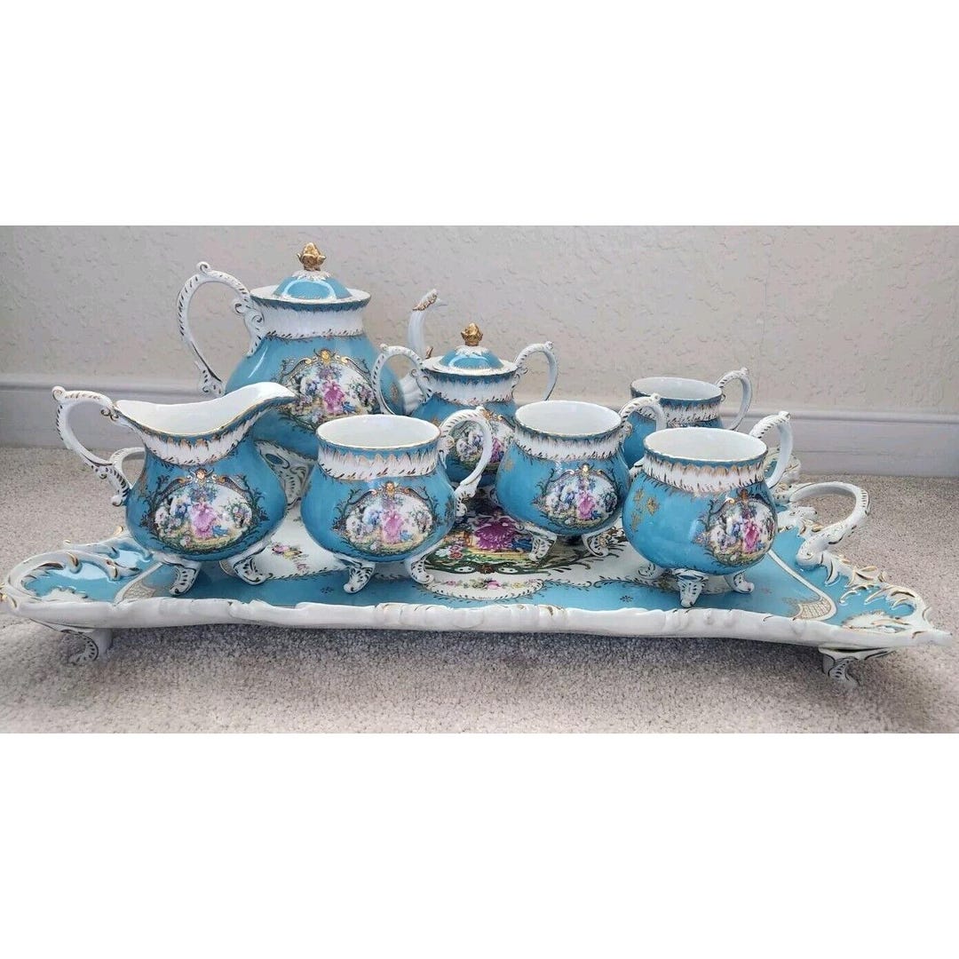 Vintage Meissen Style Teal Blue Tea Set Cups Teapot Creamer Sugar Tray ...
