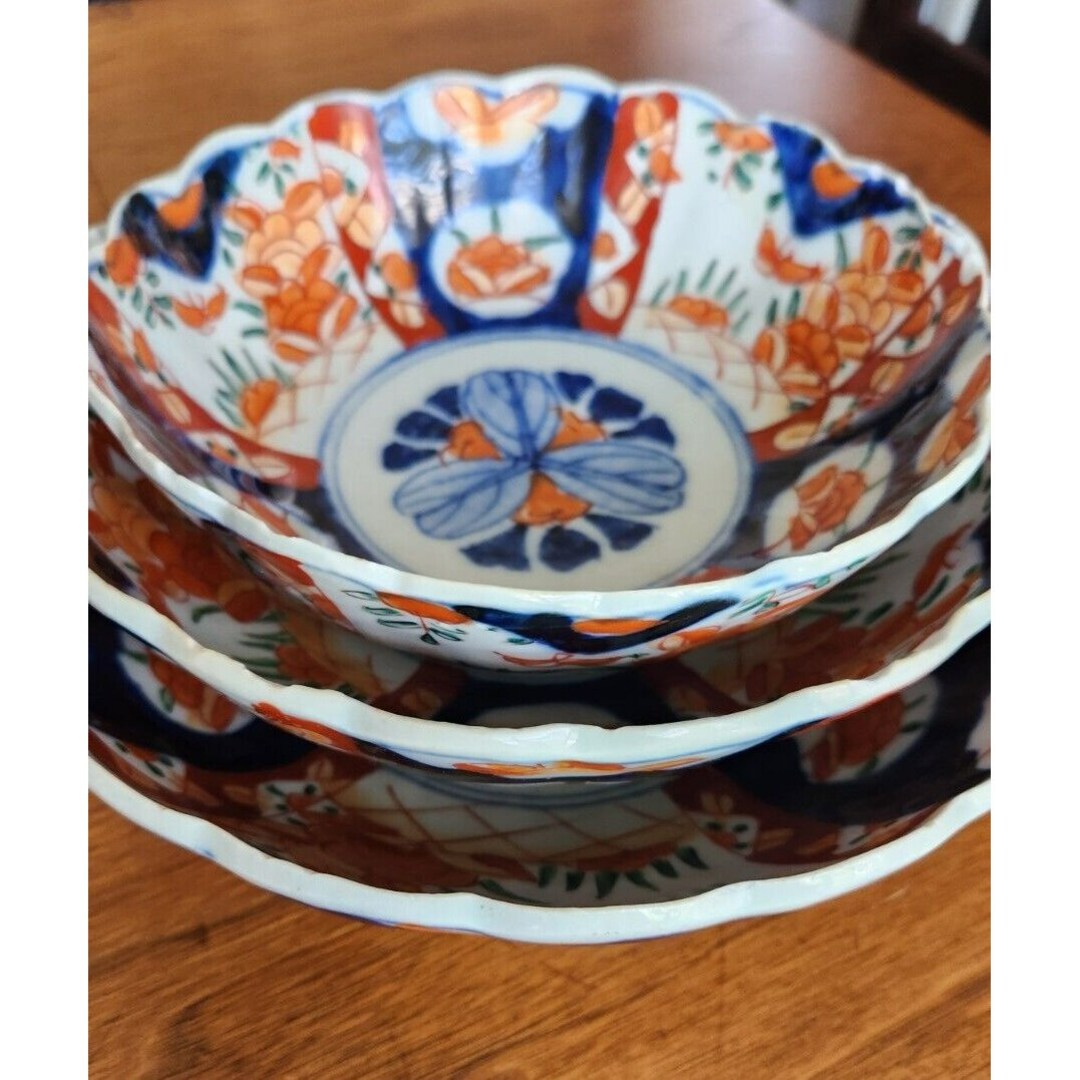 3 Antique Japanese Imari Pattern Scalloped Bowl C 1890 Hand Painted ...