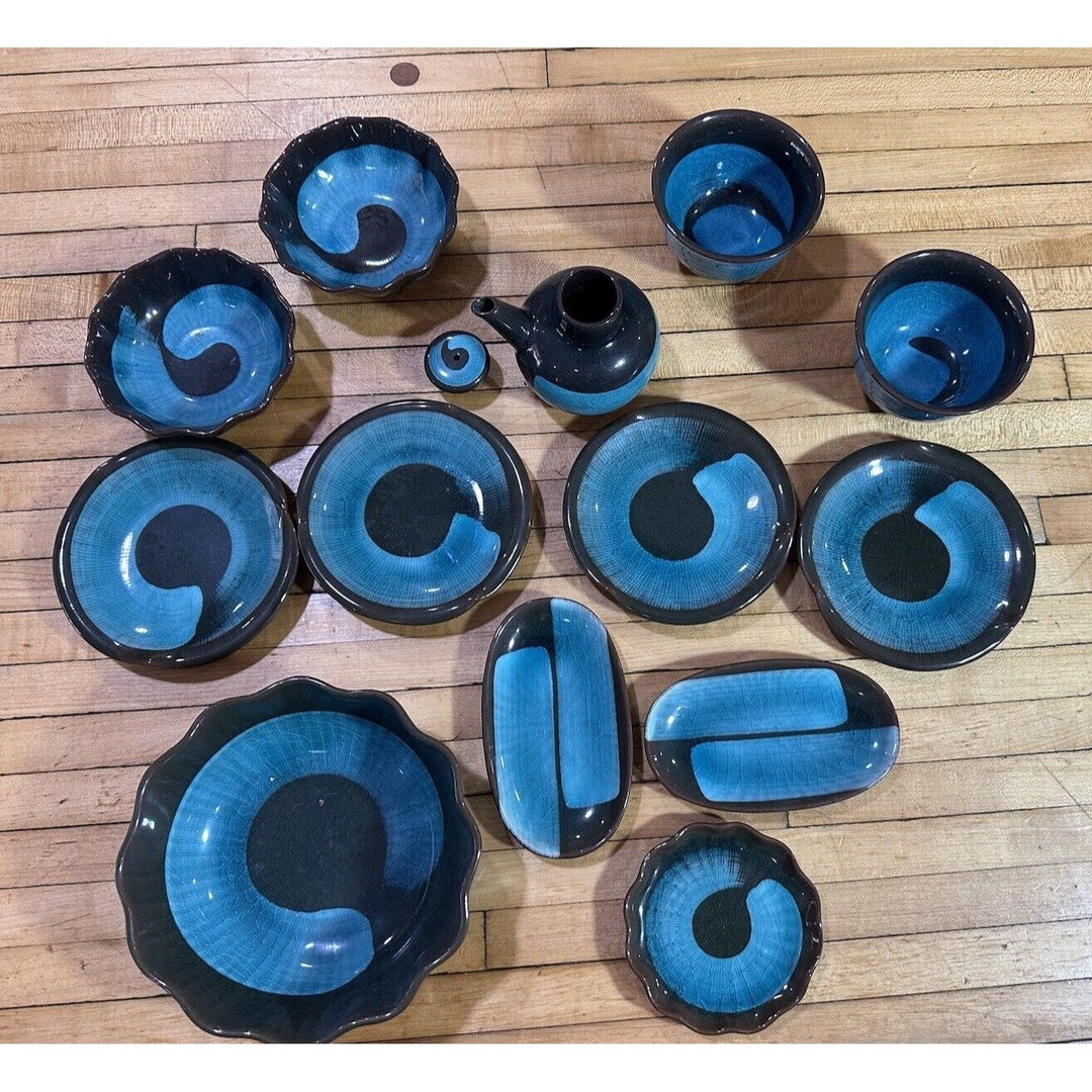 Vintage Ceramic Japanese Pottery Kitchenware Sushi Soy Sauce Set 14 Pc ...