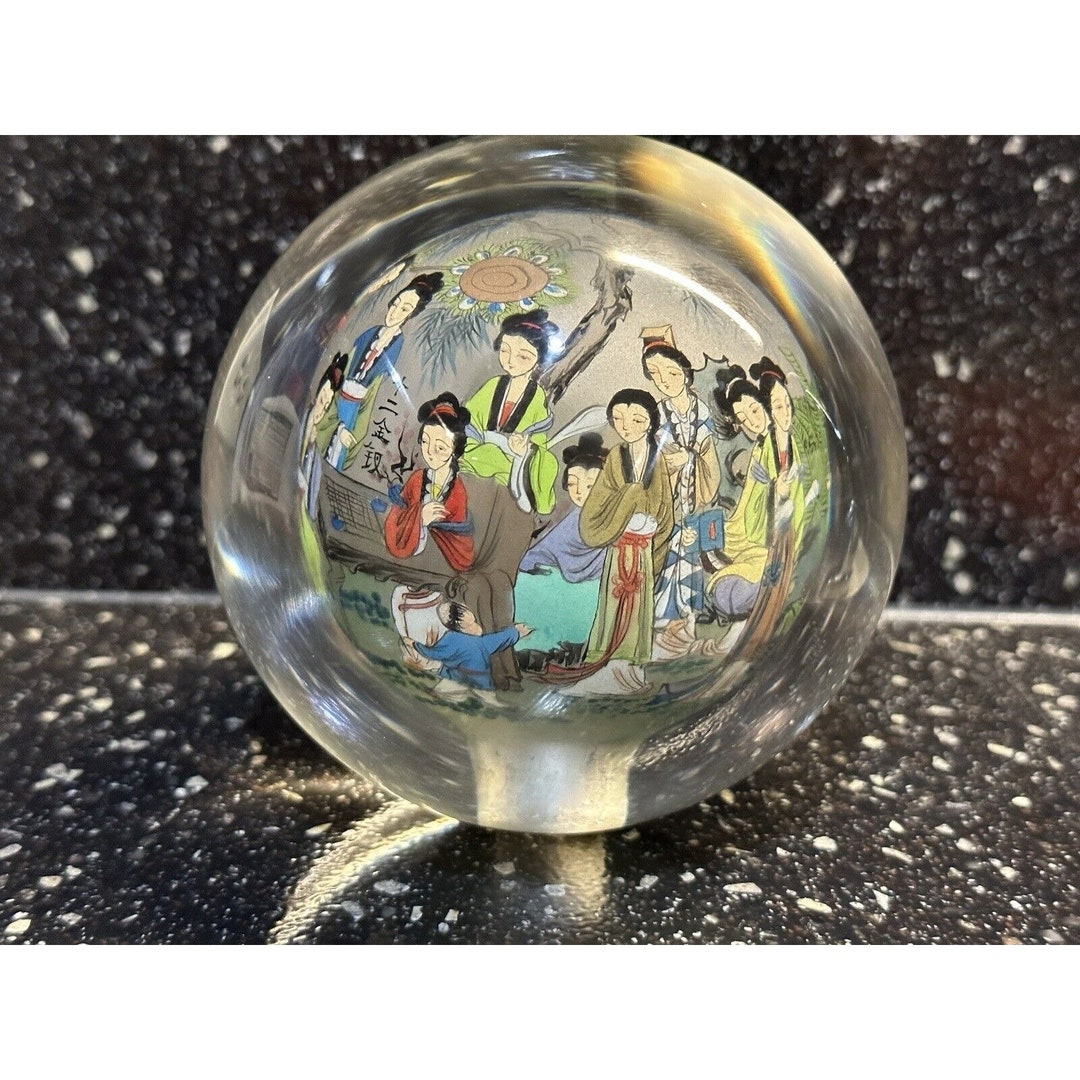 Chinese Hand Painted Reverse Art Glass Globe Paperweight 4.5" Ladies ...