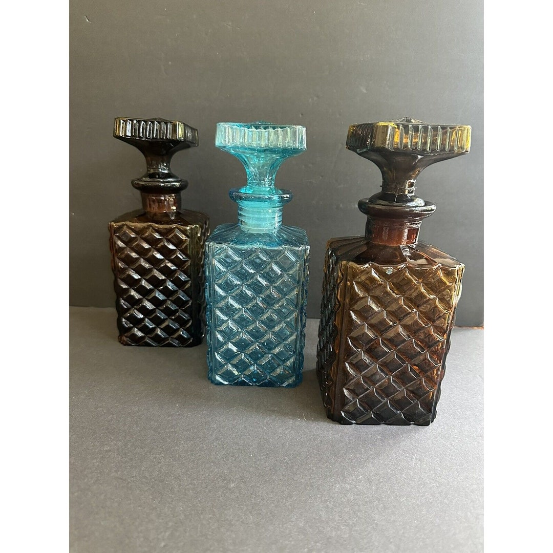 Vintage MCM Glass Diamond Cut Square Decanter Set 3 Blue and Amber W ...