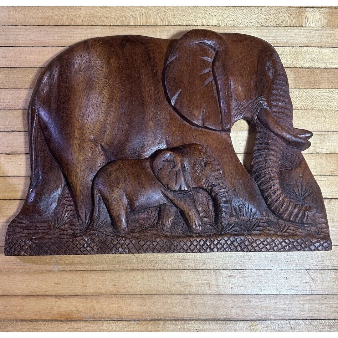 Vintage Carved Wood Mama Baby Elephant Wall Mount Safari Boho Decor Art ...