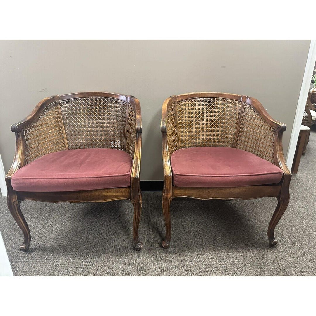 Pair Vintage French Cane Barrel Back Chairs Burgundy Velvet Upholstery ...
