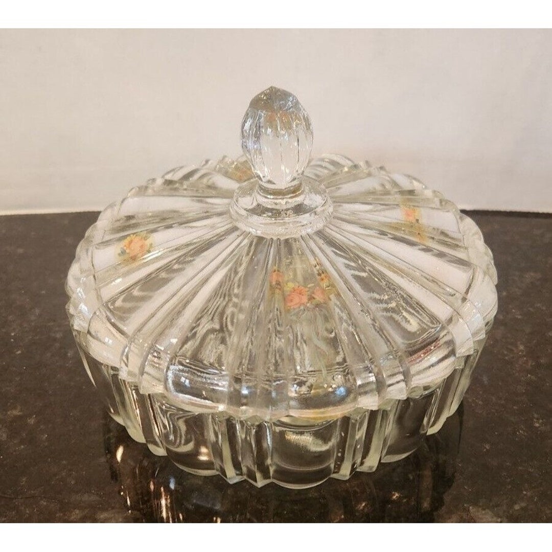 Vintage Clear Glass Anchor Hocking Candy Dish With Lid Hand Painted ...