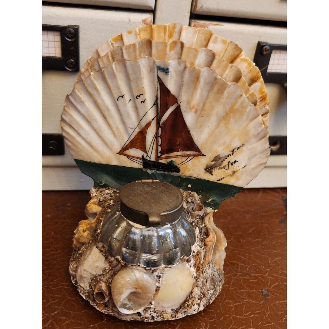 Antique Nautical Folk Art Sea Shell Inkwell Ship Painted on Shell ...