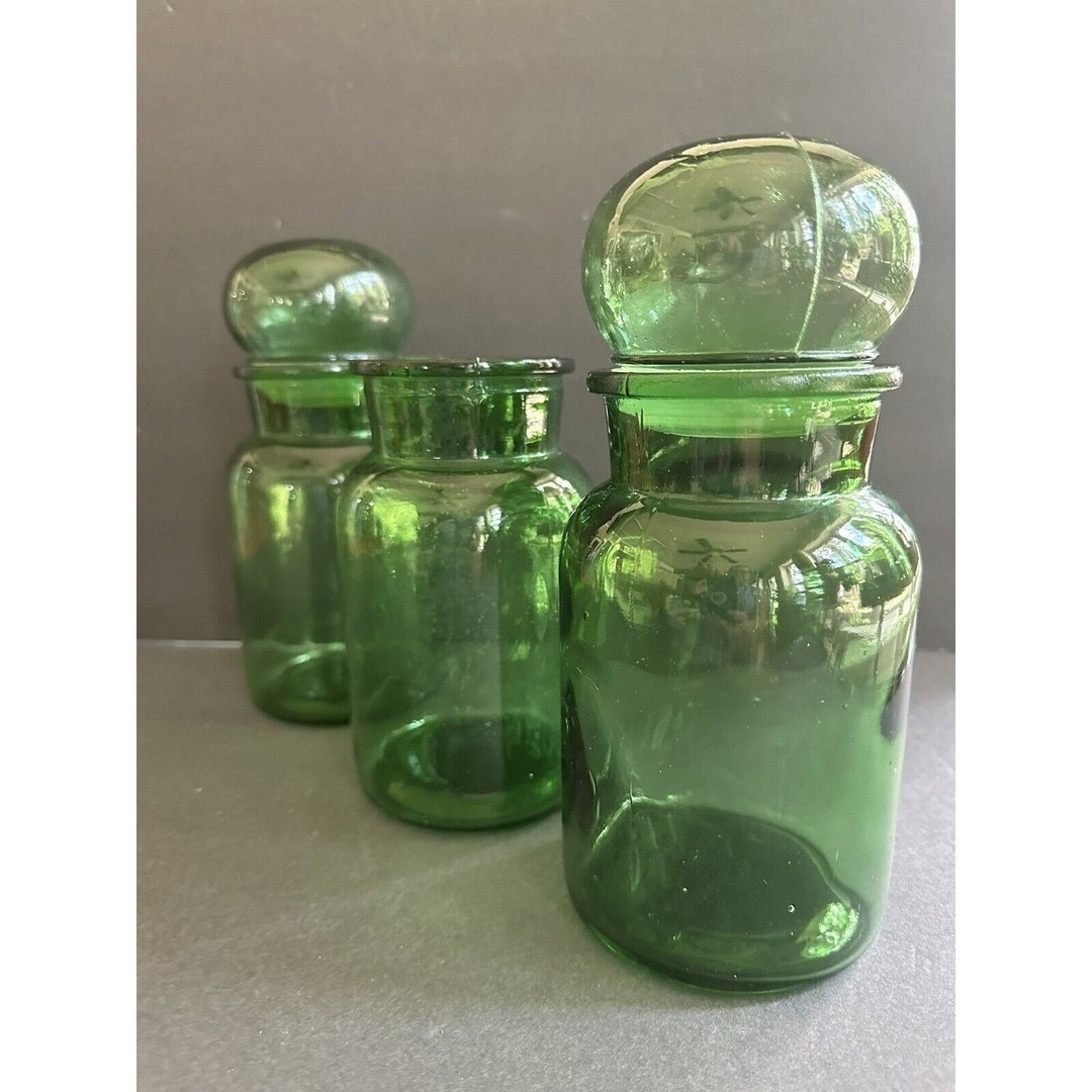 Vintage 3 Green Blown Glass Apothecary Bubble Lid Jar/container 9” X 3 ...