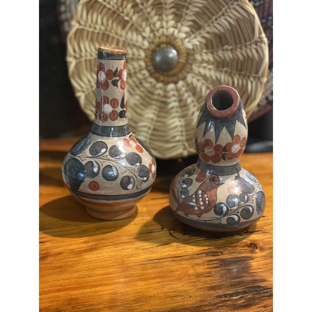 Vintage Pair Mexico Pottery VASE Folk Art Hand Painted Flowers & Birds ...