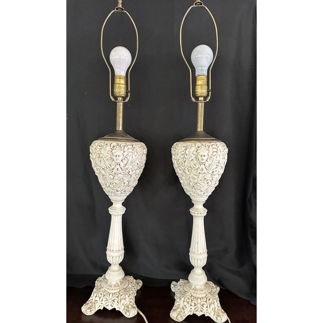 Vintage Pair Lamps Ornate Carved Face & Cherub Cast Metal and Ceramic ...