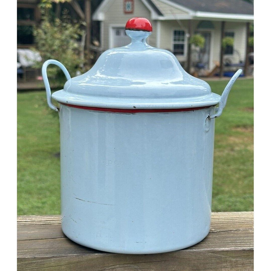 Vintage Enamel Ware Enamelware Baby Blue and Pot With Red Trim and Lid ...