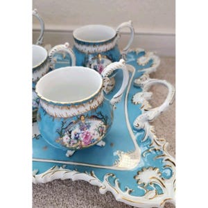 Vintage Meissen Style Teal Blue Tea Set Cups Teapot Creamer Sugar Tray ...