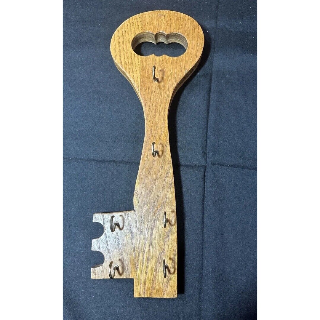 Vintage Wooden Key Shaped Key Holder With 6 Hooks Wall Hanging Oak Wood ...