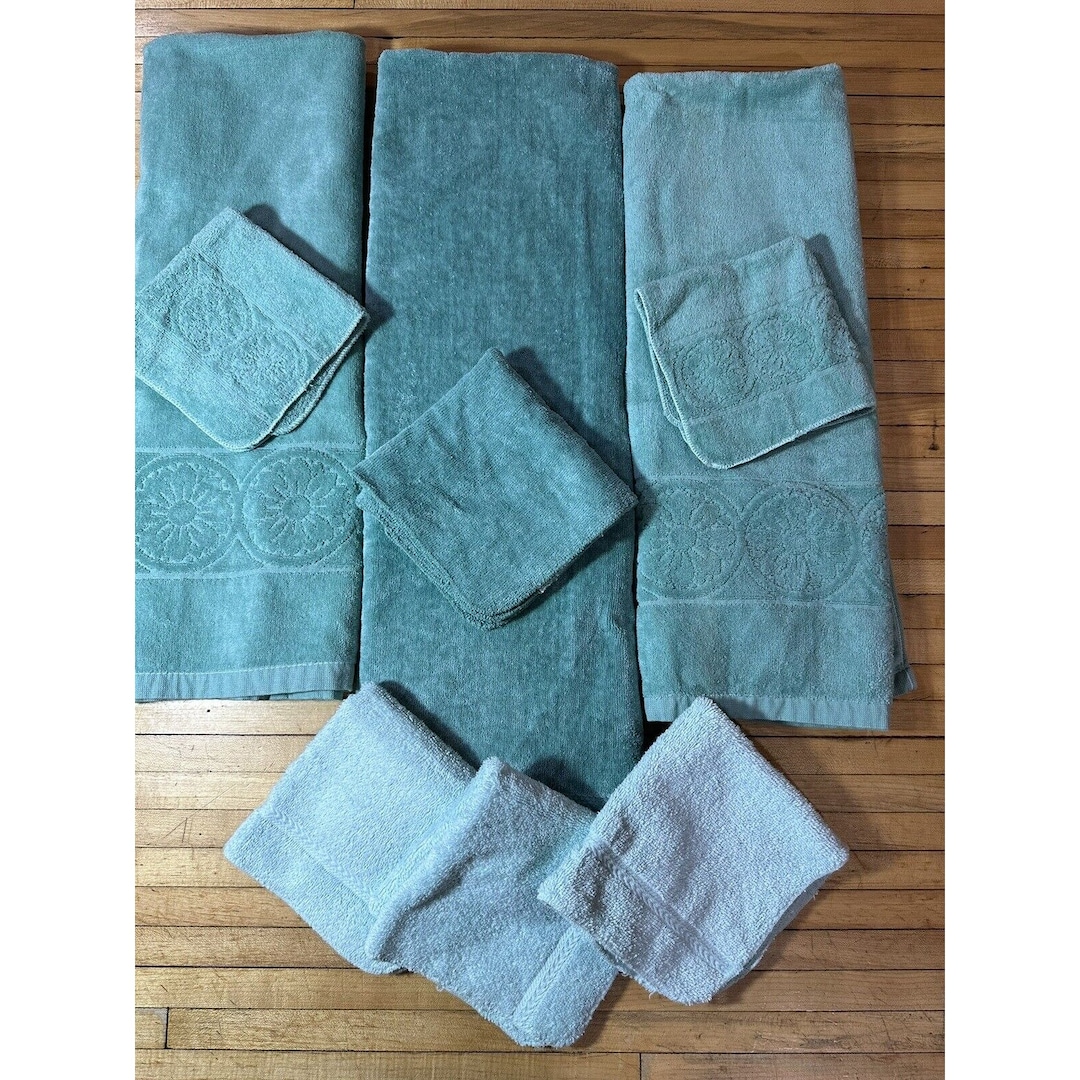 Vintage 9 Pc Teal Turquoise Towel Set 2 Sculptured, 1 Solid With 6 ...