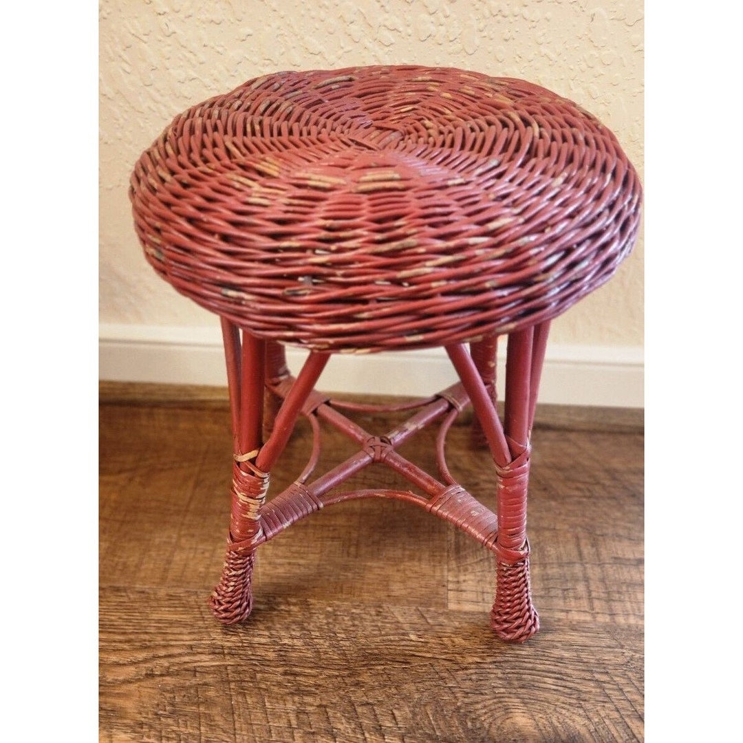 Vintage Weaved Rattan Wicker Footstool Stool Red Shabby Paint Farmhouse ...