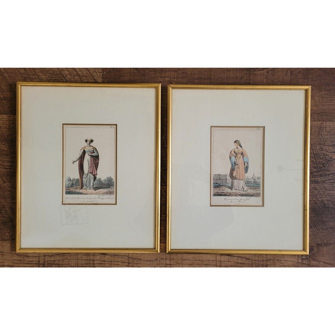 Pair Antique French Costume Colored Lithograph Prints Gold Framed Art ...