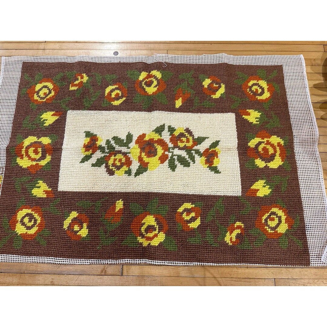 Vintage Large Completed Needlepoint Canvas Floral Ready to Frame 41 ...
