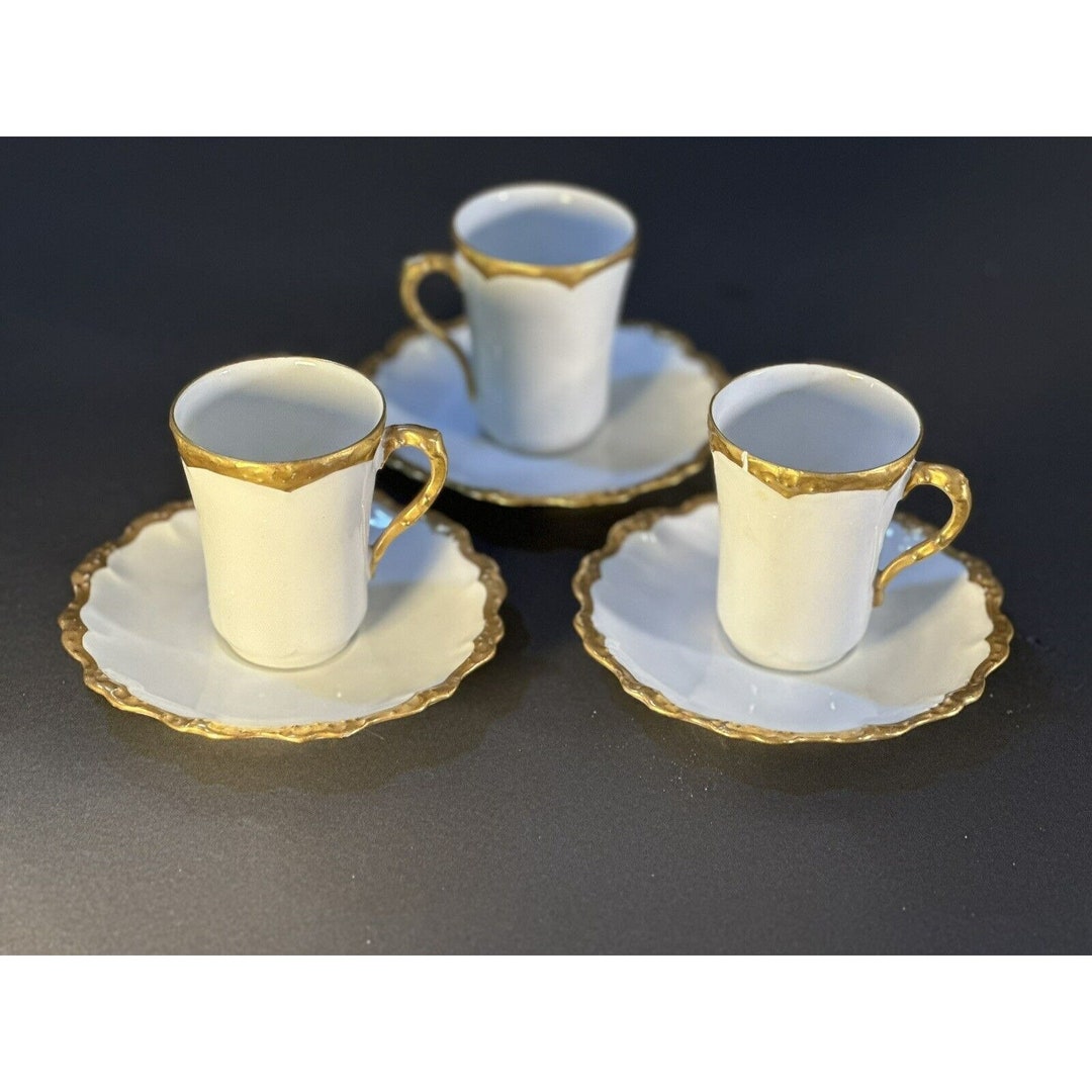Vintage Set 3 Tea Cups & Saucer France Limoges Set White With Gold Trim ...