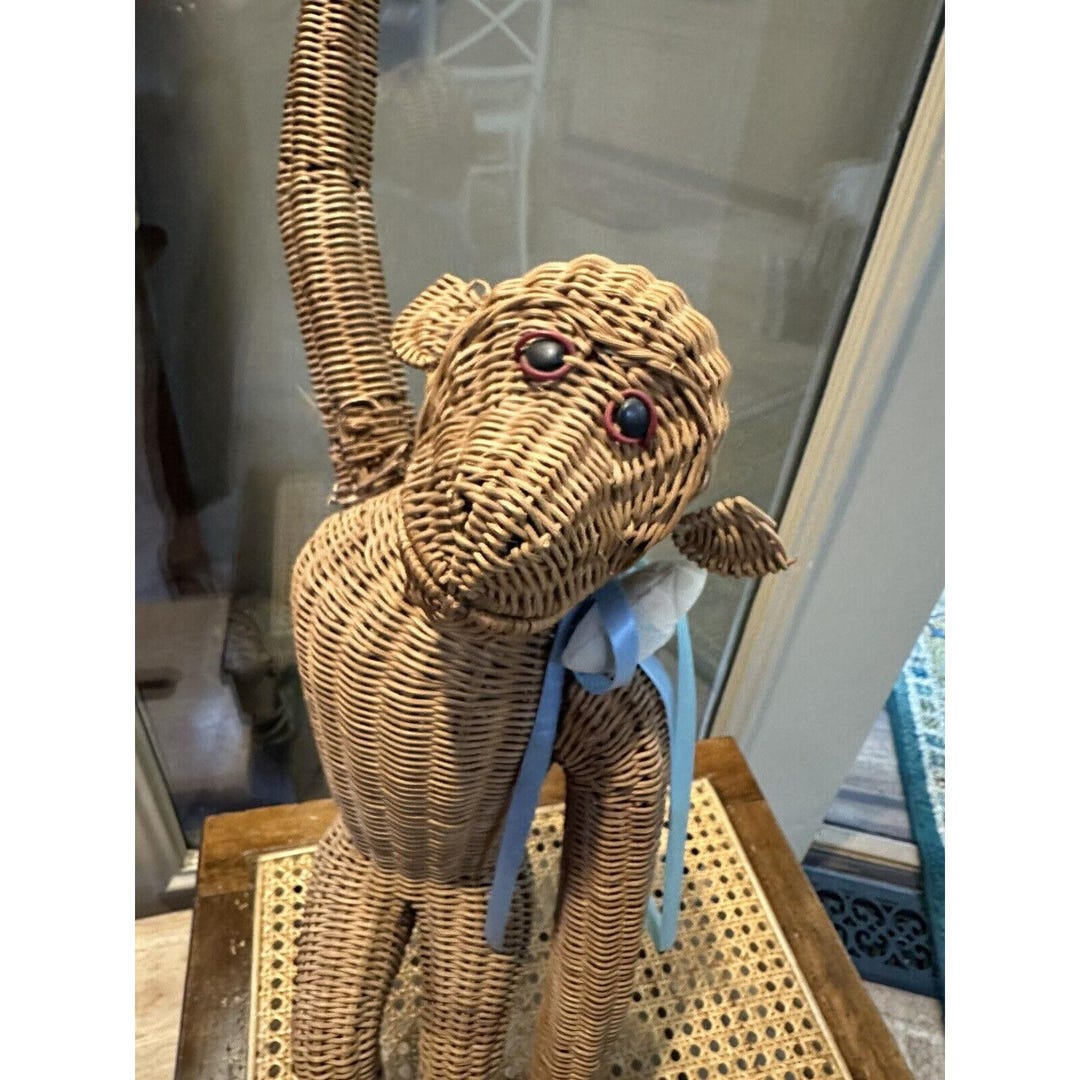 Vintage Rattan Wicker BABY MONKEY Handmade Plastic Red & Black Eyes 30. ...