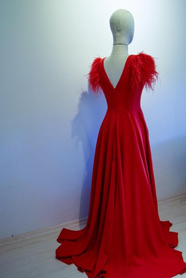 Scarlet Red Crepe Scoop Neckline Prom Dress With Ostrich | Etsy