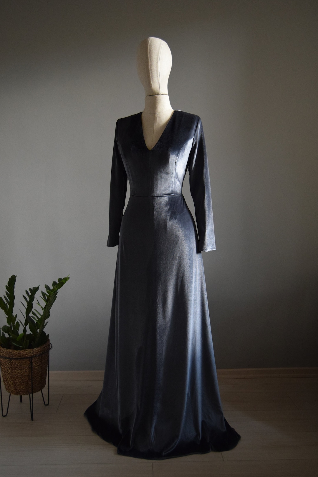 French Blue Velvet Bridesmaid Dress Long Sleeve Lux Velvet Wedding ...