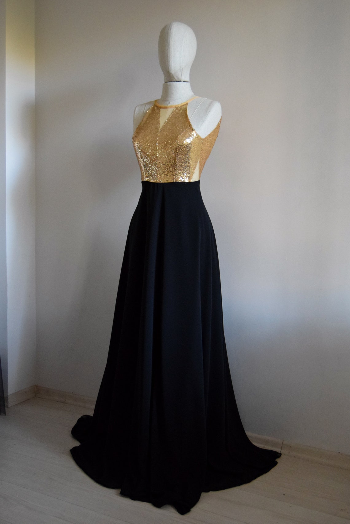 Charming Black Chiffon With Top Gold Sequin Bridesmaid / - Etsy