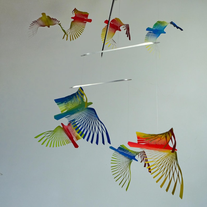 Large Colorful Bird Mobile, 8 Bird Kinetic Sculpture, Flock of Birds ...
