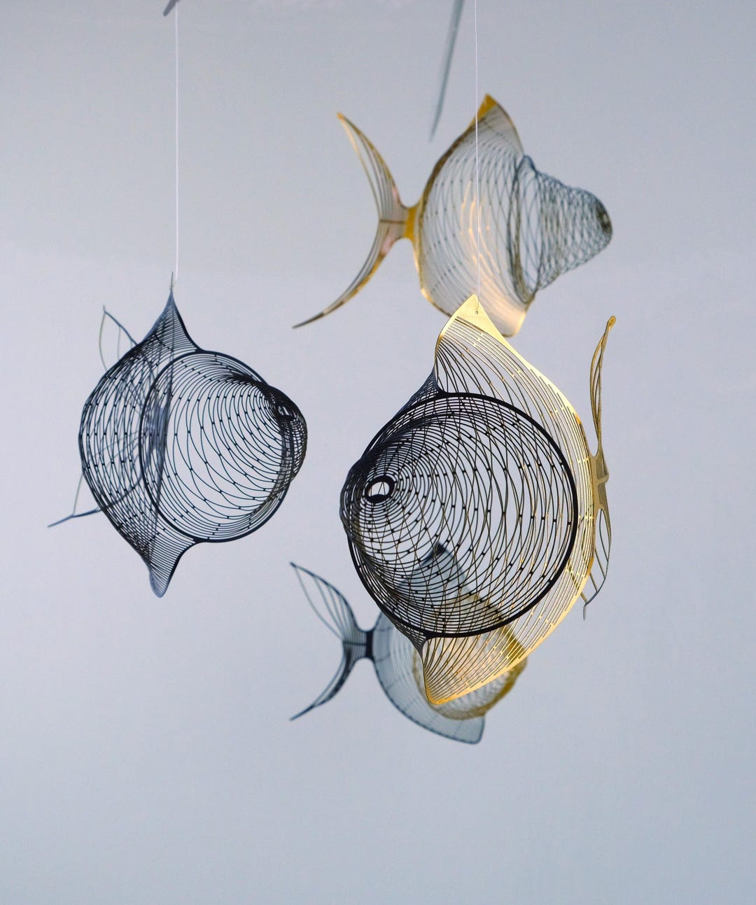 Gold Black Fish Mobile 4 or 6 Piece, Fish Metal Sculpture, Fishing Gift ...