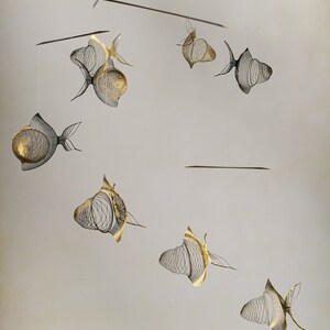 Large 8 Piece Gold Black Fish Mobile, Ocean Mobile Art, Kinetic Fish ...