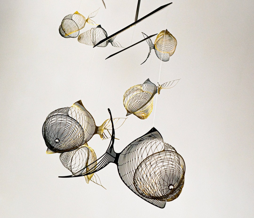 Large 8 Piece Gold Black Fish Mobile, Ocean Mobile Art, Kinetic Fish ...