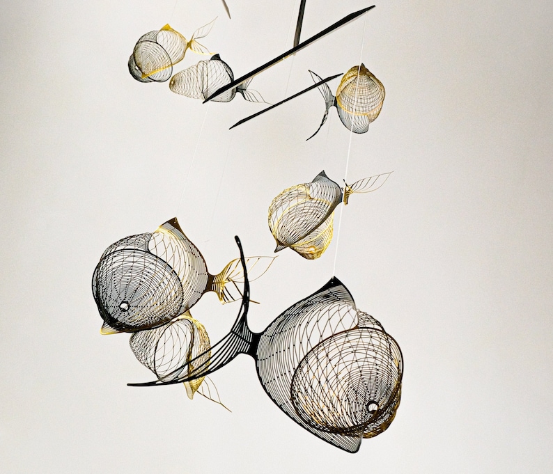 Large 8 Piece Gold Black Fish Mobile, Ocean Mobile Art, Kinetic Fish ...