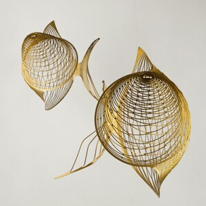 Large Brass Fish Mobile, Wire Sculpture Art of Under the Sea, Fish ...