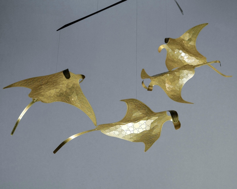 Handcrafted Brass Manta Ray Kinetic Metal Mobile, Ocean Art Sculpture ...