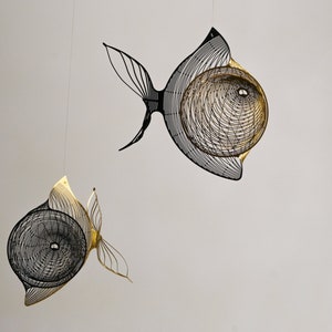 Large 8 Piece Gold Black Fish Mobile, Ocean Mobile Art, Kinetic Fish ...