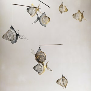 Large 8 Piece Gold Black Fish Mobile, Ocean Mobile Art, Kinetic Fish ...