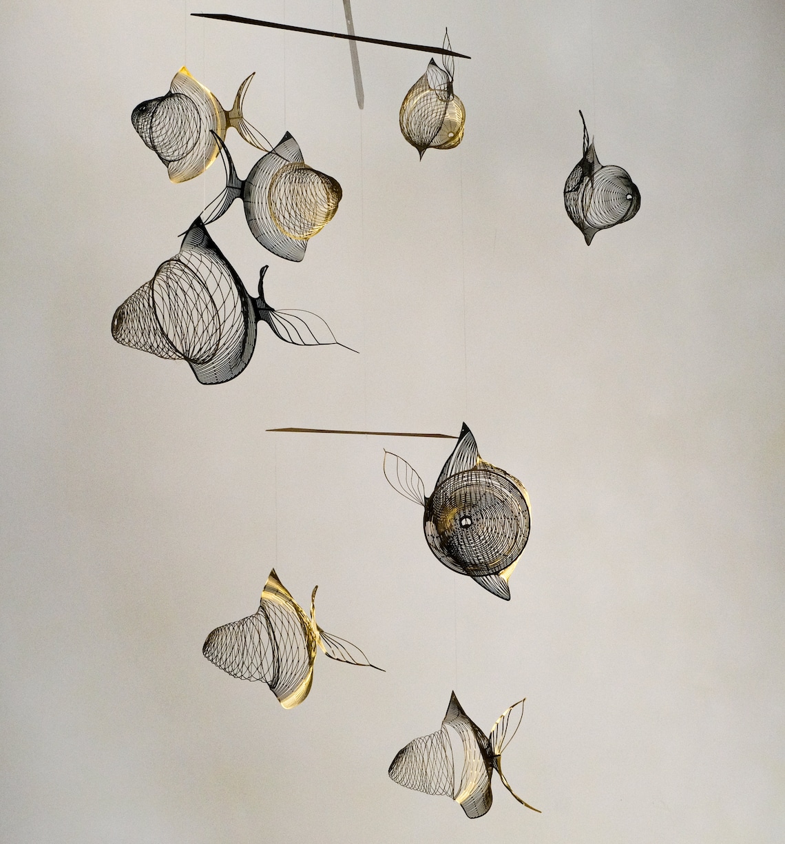 Large 8 piece gold black fish mobile Ocean mobile art | Etsy