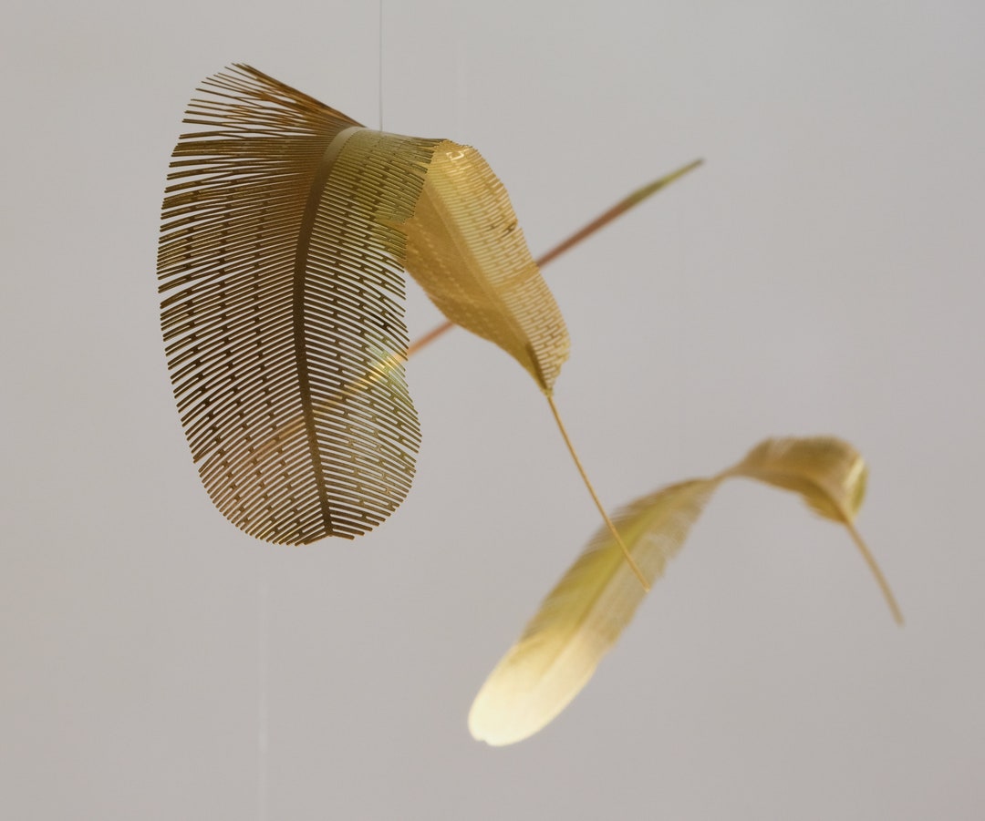 Gold Feather Mobile, 4 or 6 Piece, Kinetic Feather Mobile of Brass ...