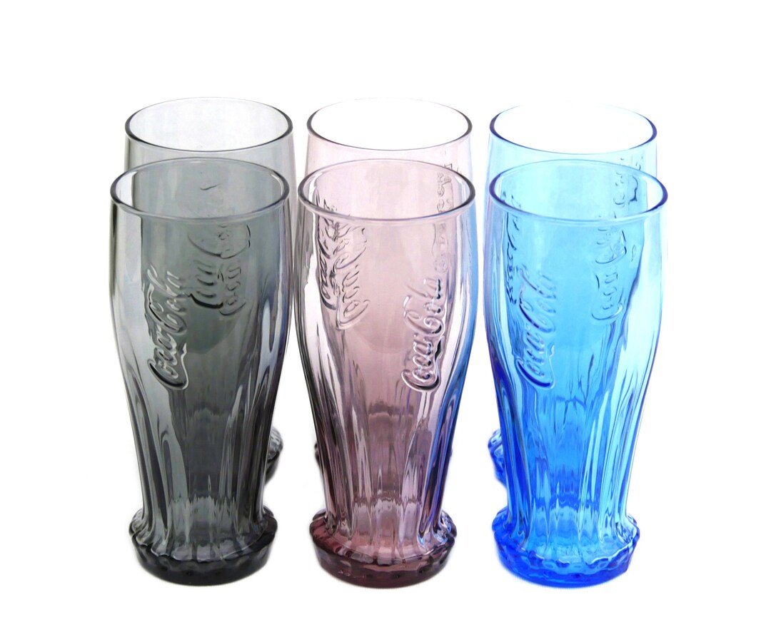 3 Sets of Coca Cola Glasses Blue Pink and Anthracite, Vintage Bottle ...