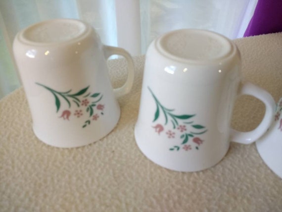 Corelle Rosemarie Pattern Coffee Cups Pink Flowers Mint Colored Leaves ...