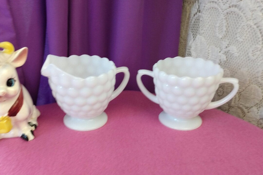 Vintage Anchor Hocking Bubble Pattern Milk Glass Footed Creamer and ...