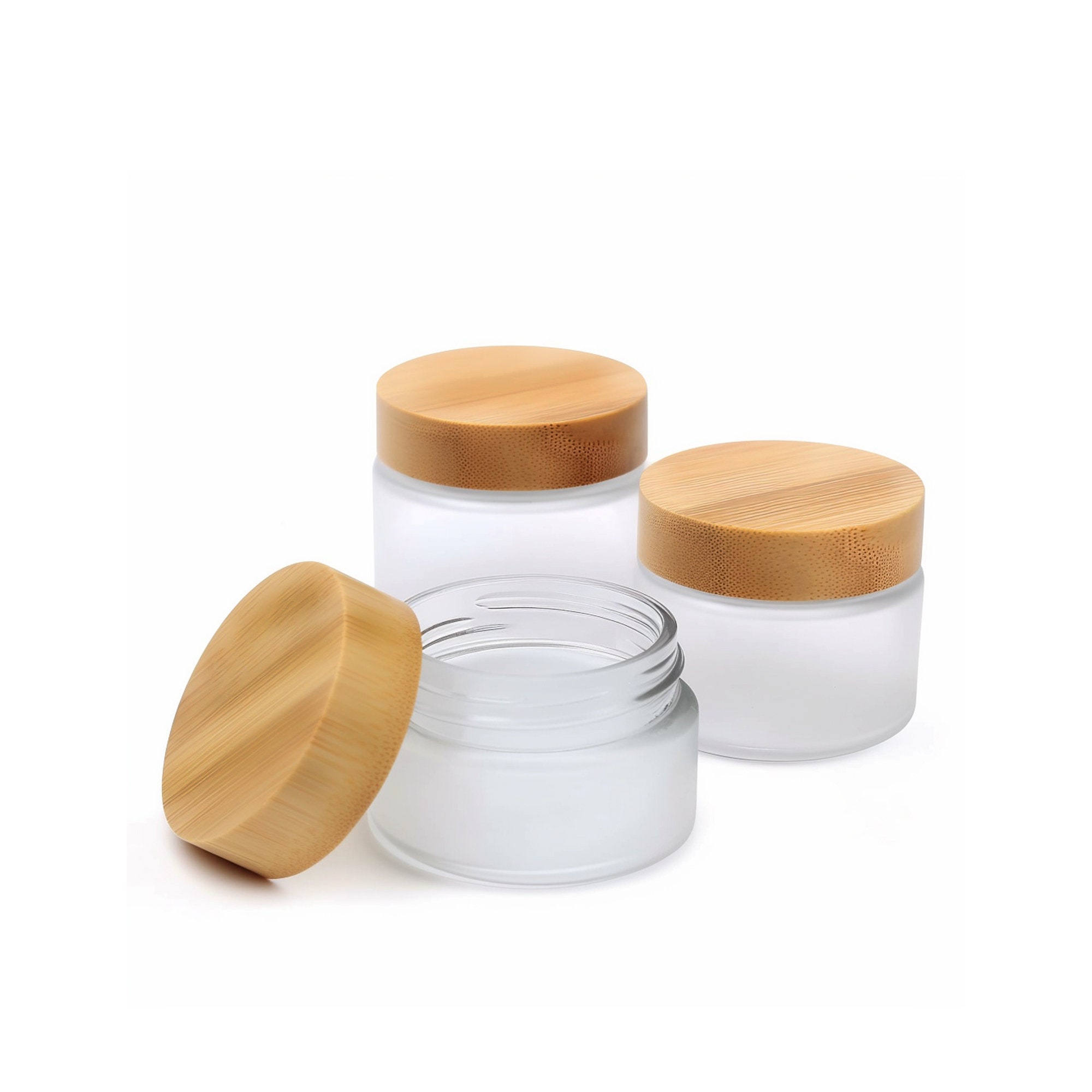 Cosmetic Containers With Wood Grain Lid Matte Glass Straight Sided Wide ...