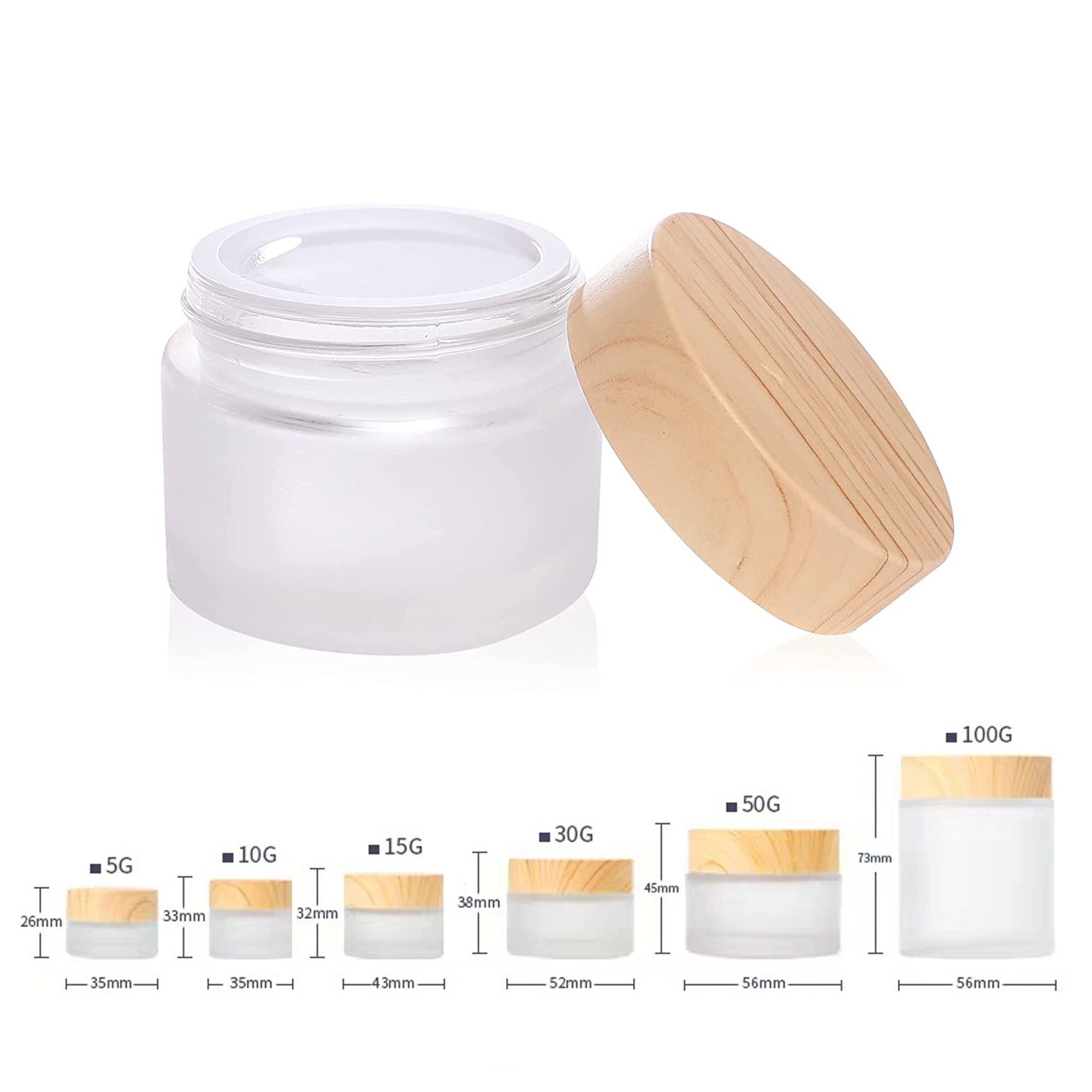 Cosmetic Containers With Wood Grain Lid Matte Glass Straight Sided Wide ...