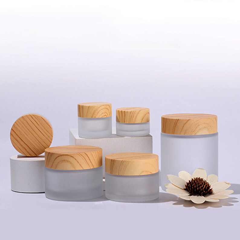 Cosmetic Containers With Wood Grain Lid Matte Glass Straight Sided Wide ...