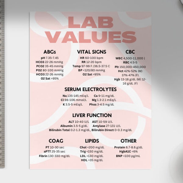 Lab Values Sheet - Etsy